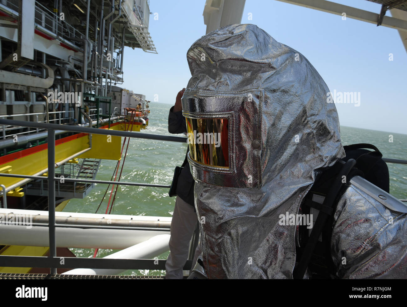 Fire fighting training exercises on the oil rig Lukoil Filanovsky at ...