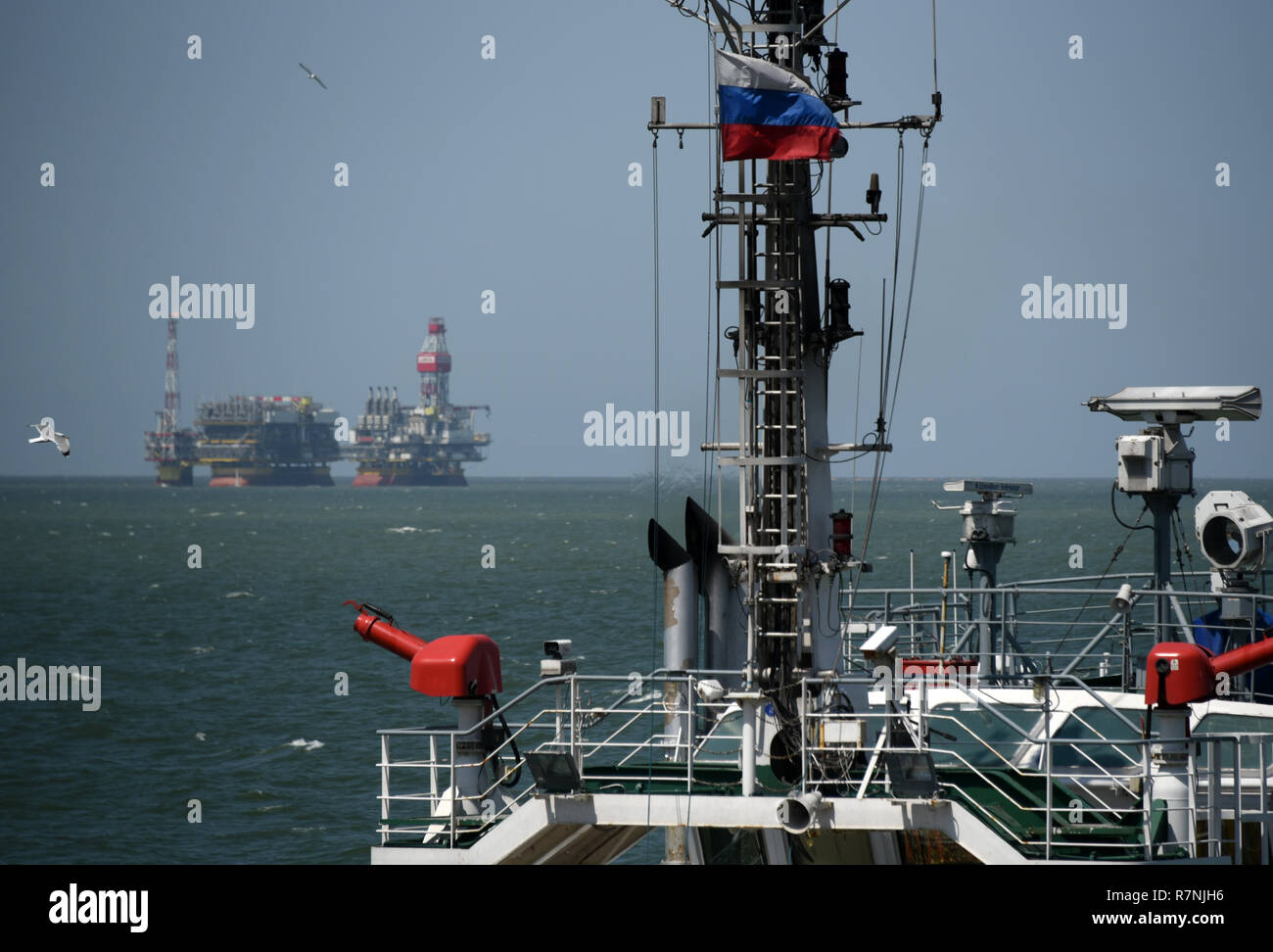 Fire fighting training exercises on the oil rig Lukoil Filanovsky at ...