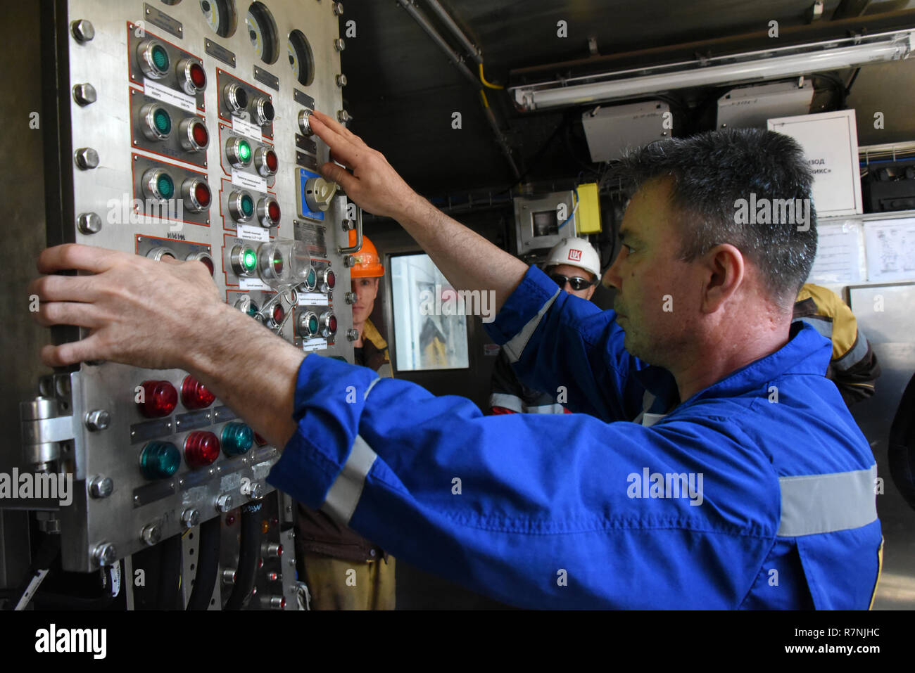 Fire fighting training exercises on the oil rig Lukoil Filanovsky at ...
