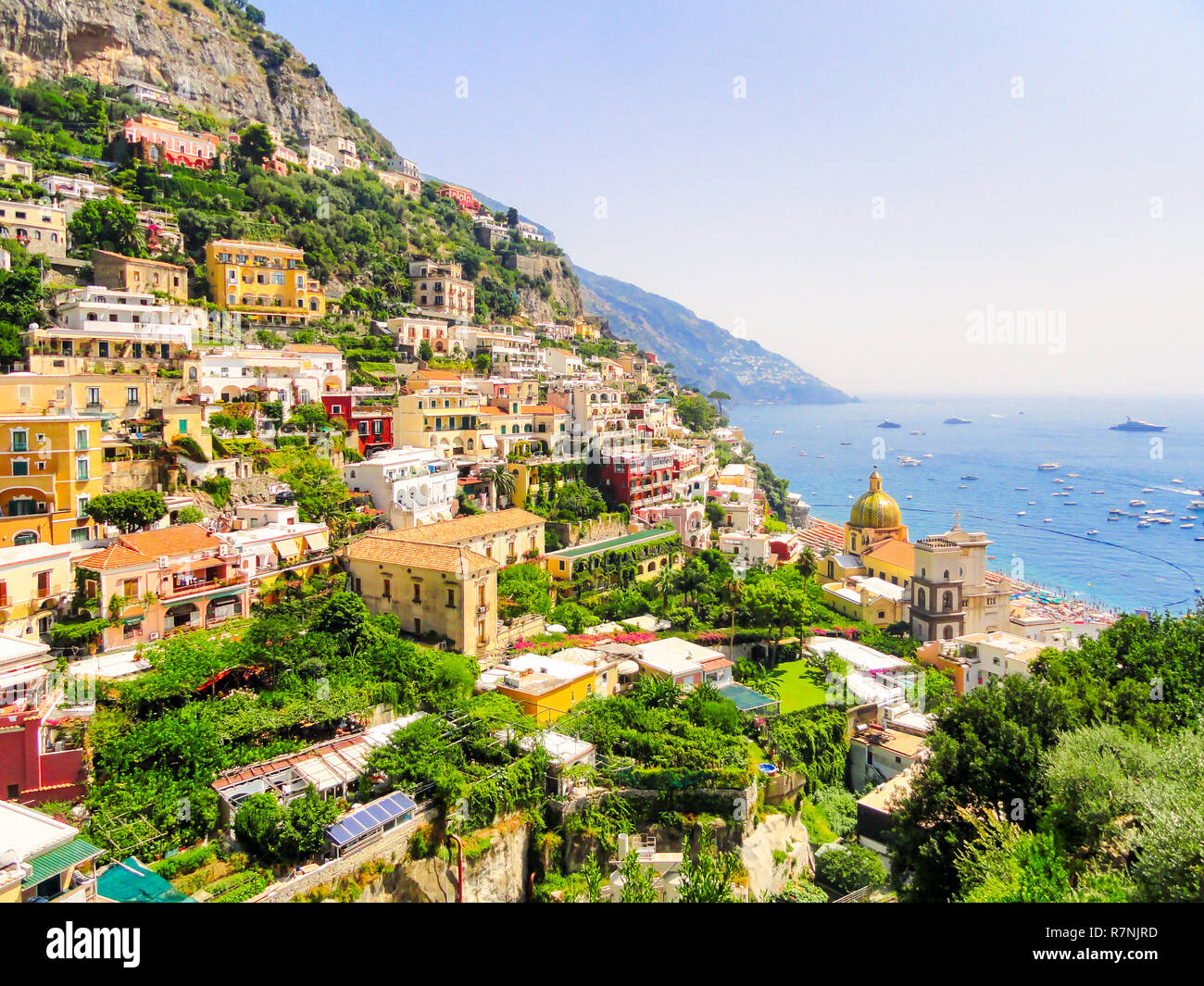 View from the hill of the colorful town of Positano on the Amalfi coast ...