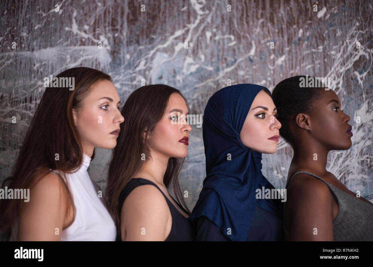 Portrait of four girls with different skin color and nationality in the ...