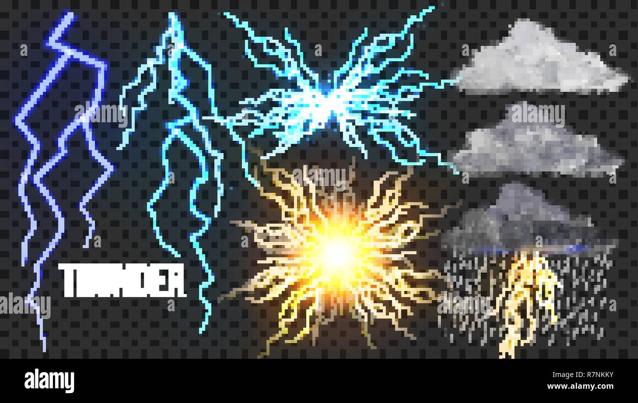 Thunder, Lightnigs Set Vector. Bolt, Night Sky Magic Bright Sparkle ...