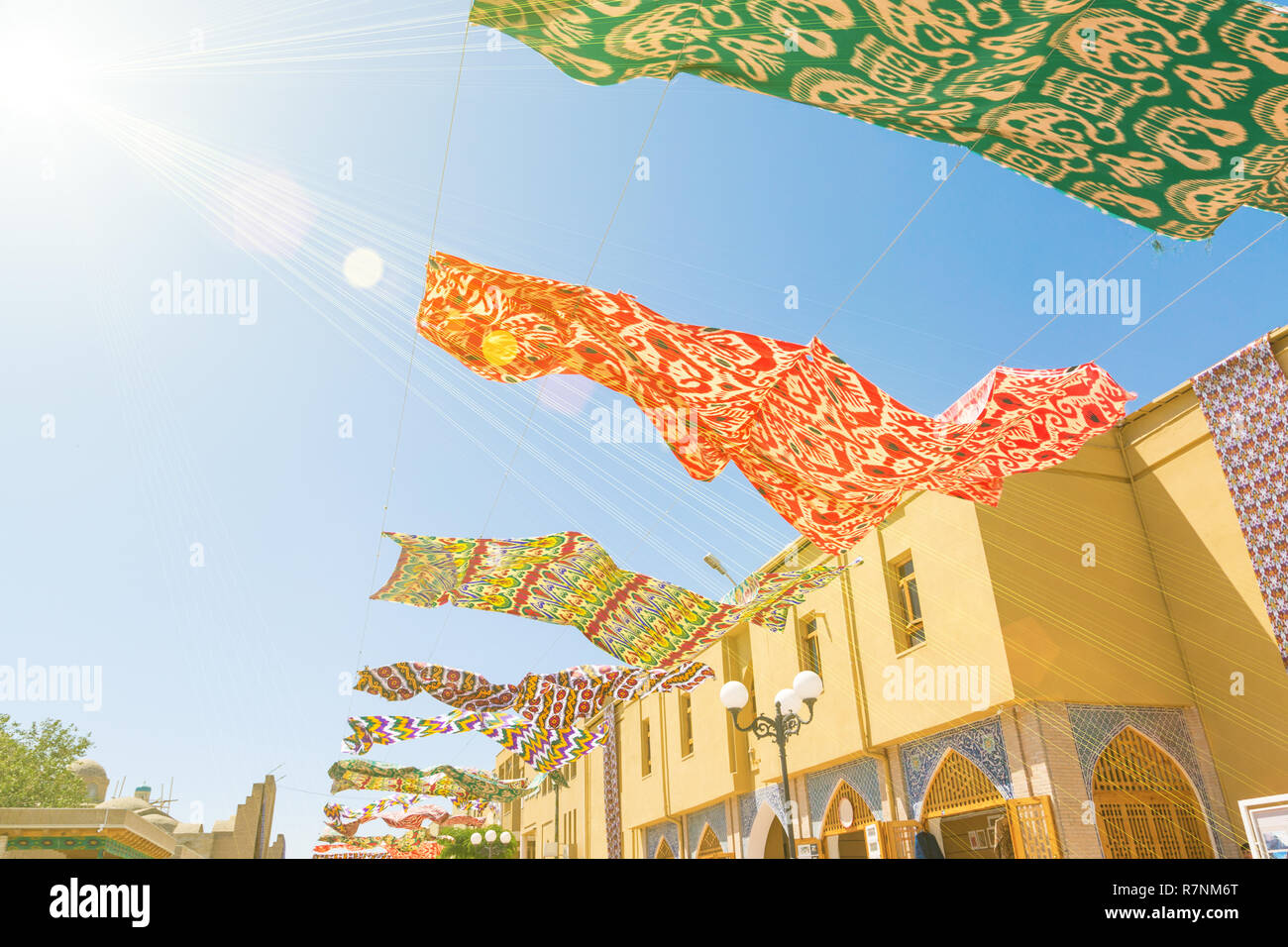 Waving in sky fabric. Silk textile fabric materials fluttering against ...