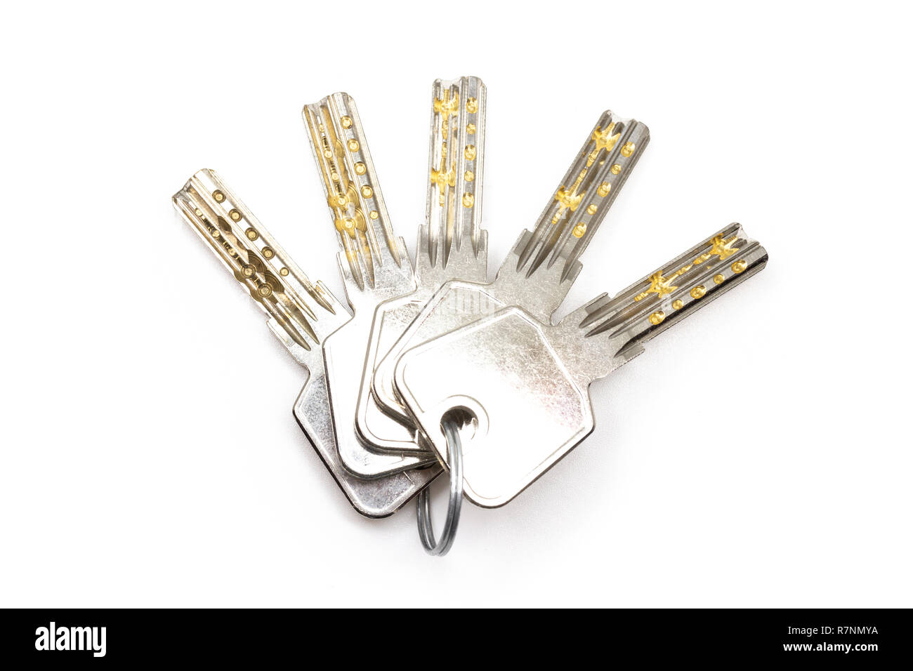 Five security keys on ring, top view, isolated on white Stock Photo - Alamy