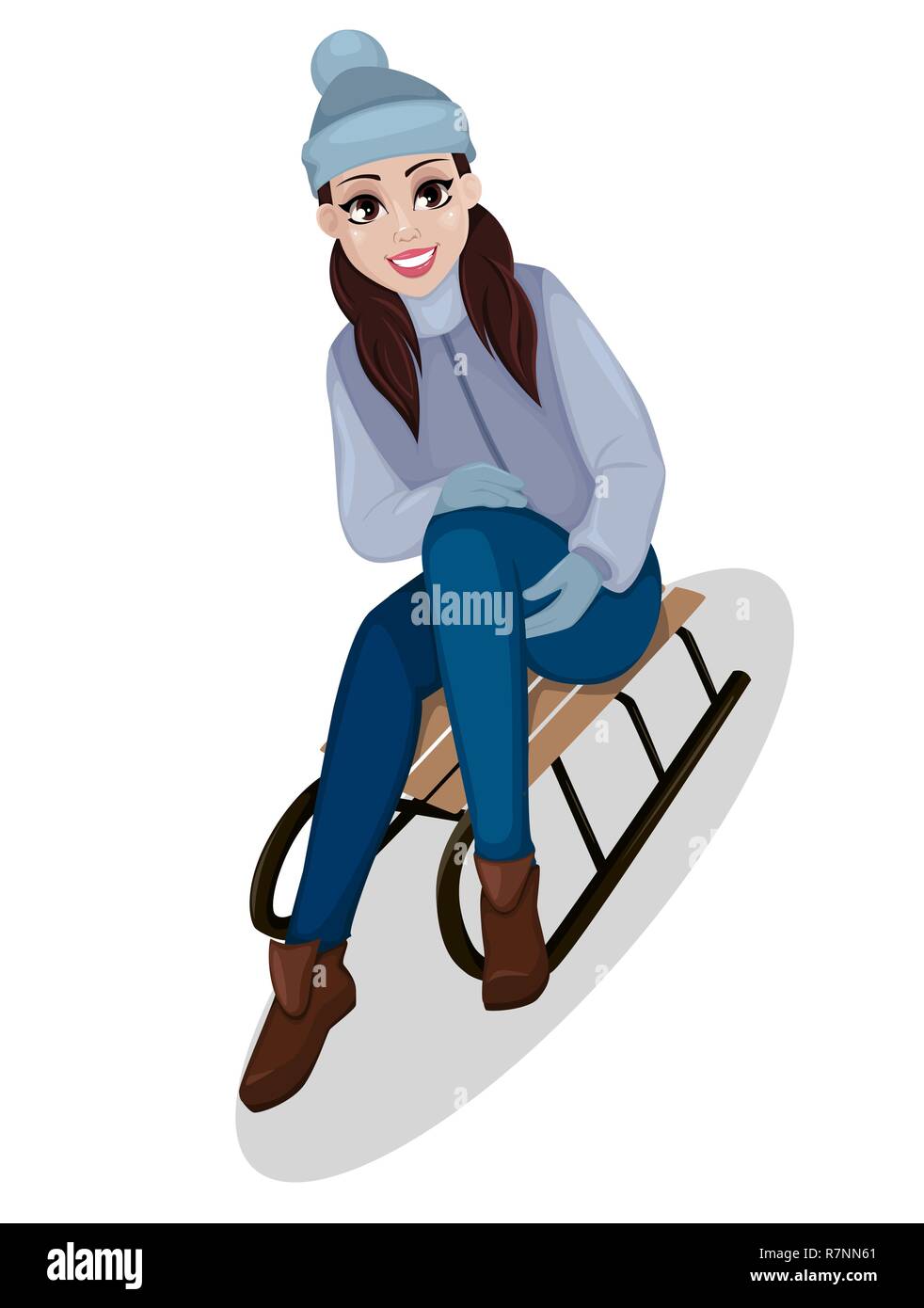 Beautiful woman sitting on sled. Smiling cartoon character. Vector ...