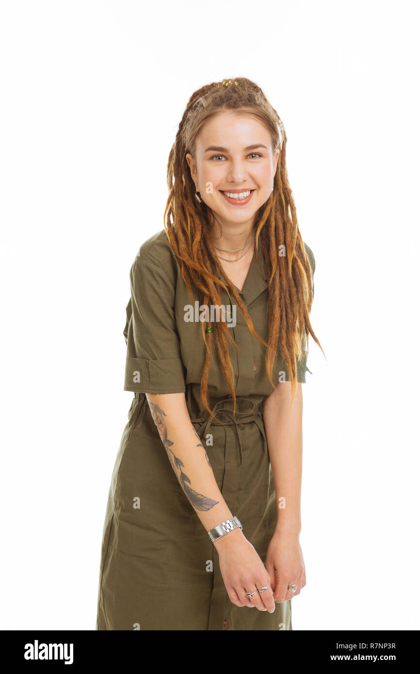 Cheerful positive young woman having unusual hairstyle Stock Photo - Alamy
