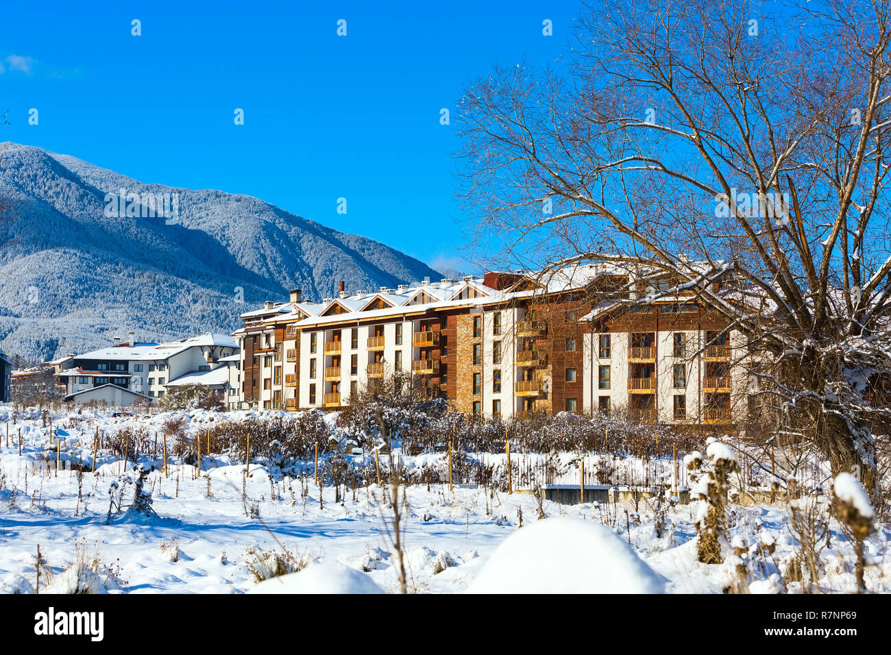 Wooden chalet, houses and snow mountains landscape panorama in ...
