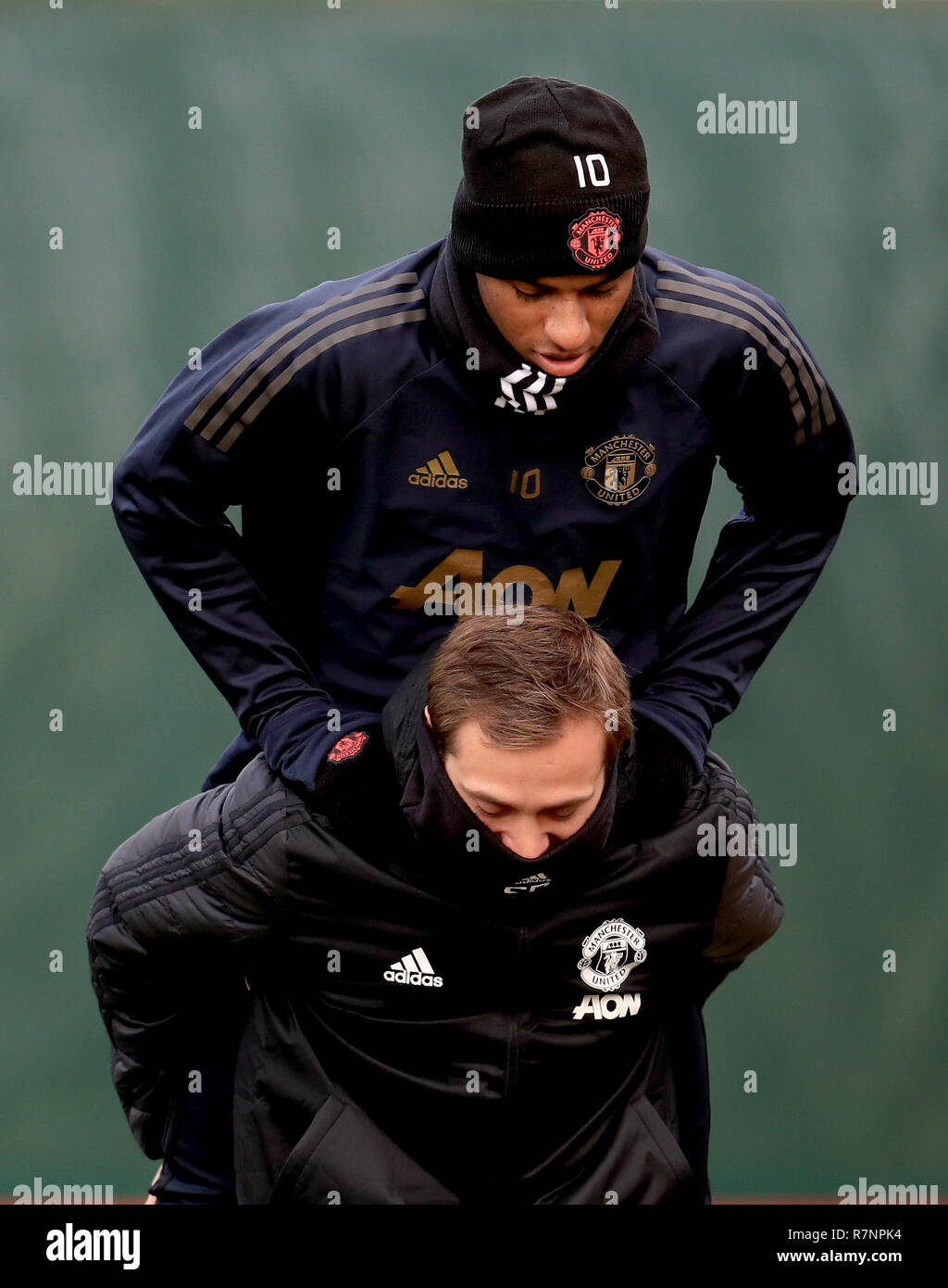 Manchester United's Marcus Rashford (top) during the training session ...