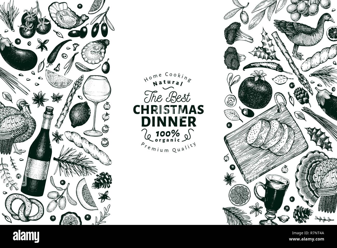 Happy Christmas Dinner design template. Vector hand drawn illustrations ...