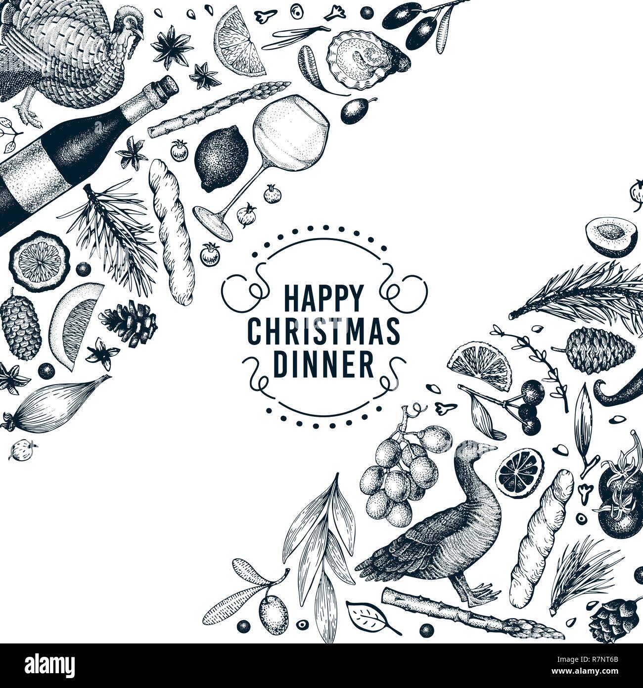 Happy Christmas Dinner design template. Vector hand drawn illustrations ...