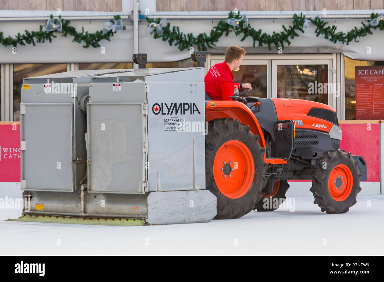 Preparing the ice skate rink at Winchester Cathedral ice skating rink ...