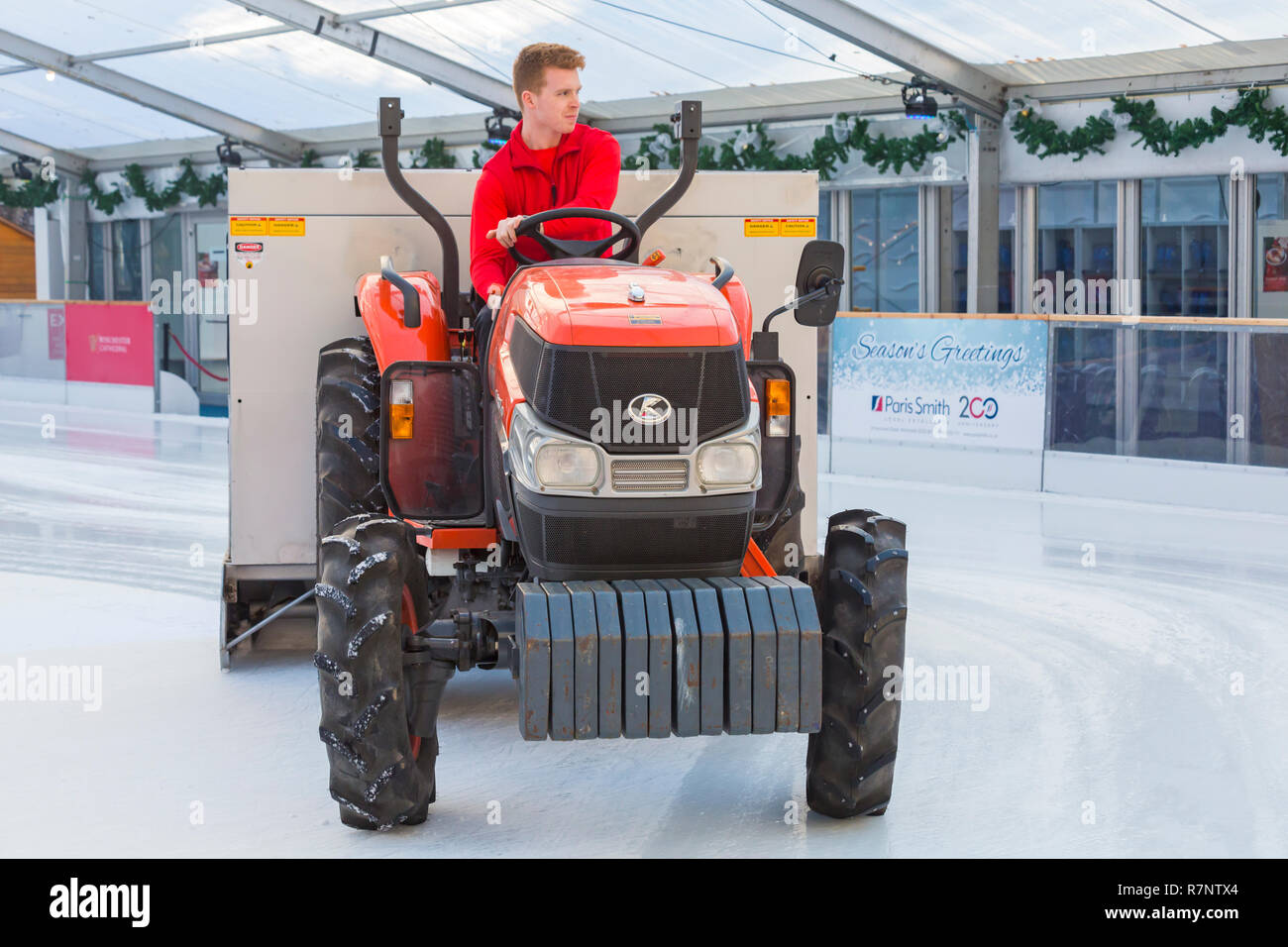 Preparing the ice skate rink at Winchester Cathedral ice skating rink ...