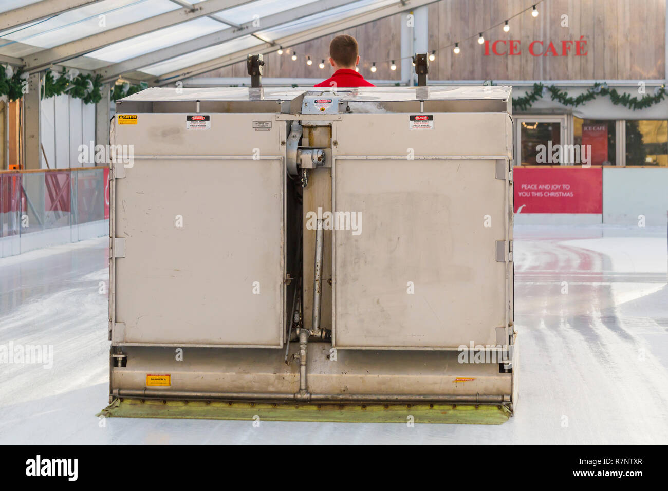 Preparing the ice skate rink at Winchester Cathedral ice skating rink ...