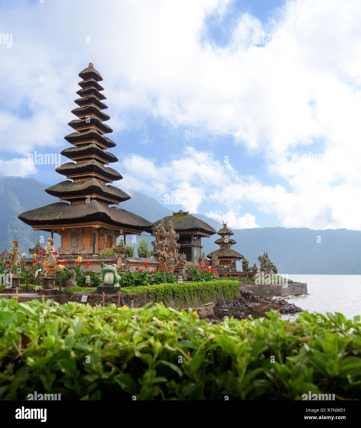 Two spires of the floating Pura Bratan hindu temple on Lake Bratan ...