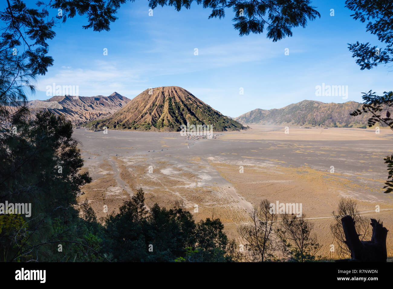 Mount Bromo volcano crater erupts in the caldera, behind Gunung Batok ...