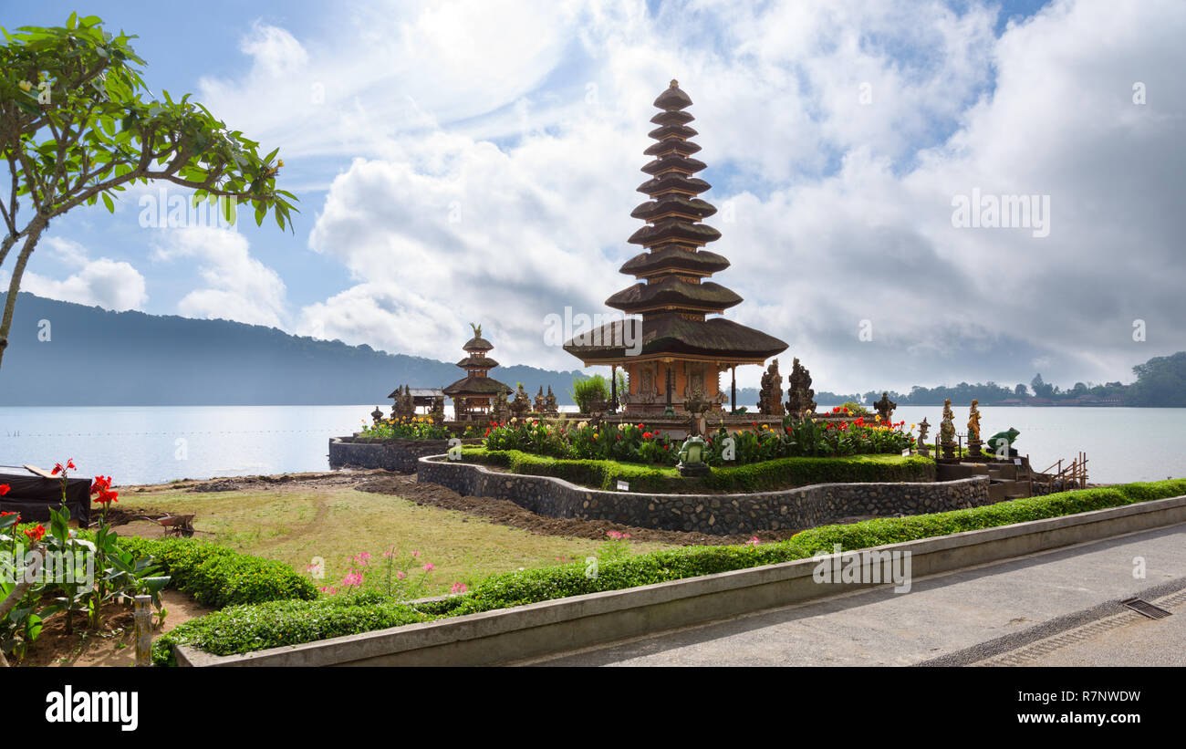 Two spires of the floating Pura Bratan hindu temple on Lake Bratan ...