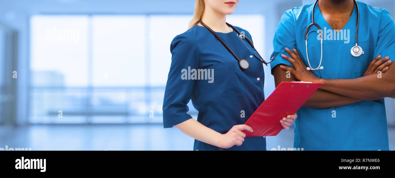 faceless promotional banner. an impersonated couple of medical workers ...