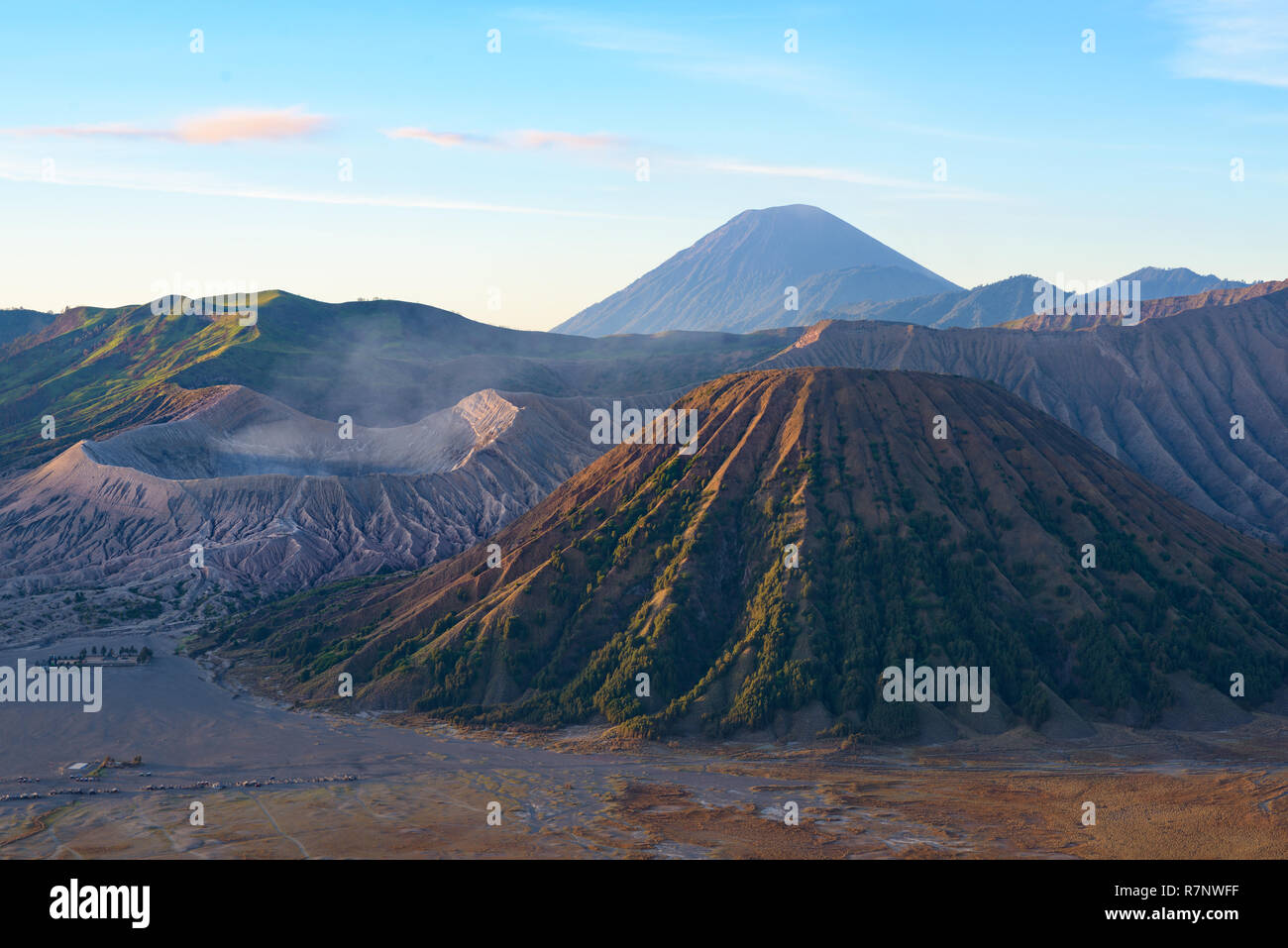 Mount Bromo volcano crater erupts in the caldera, behind Gunung Batok ...