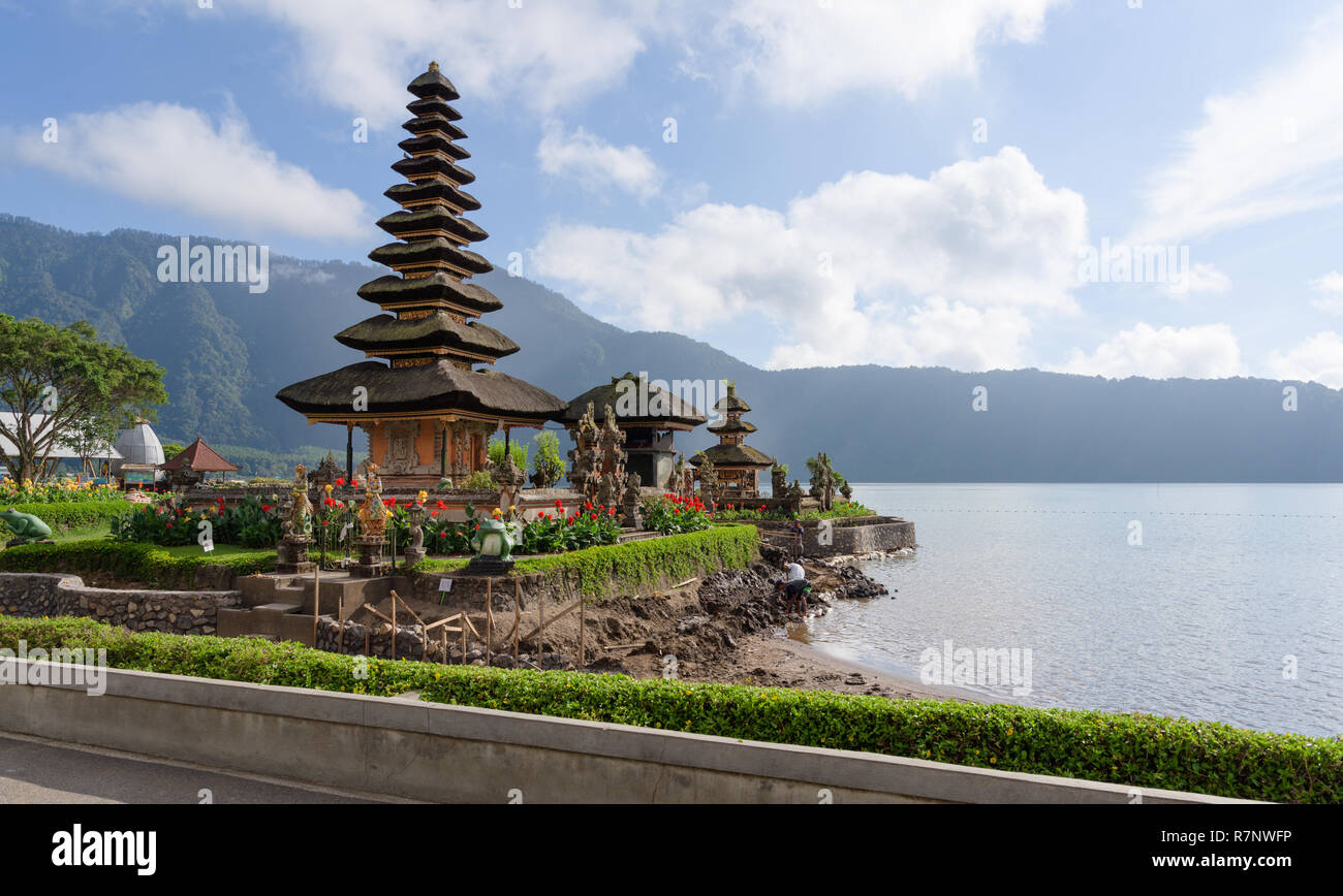 Two spires of the floating Pura Bratan hindu temple on Lake Bratan ...
