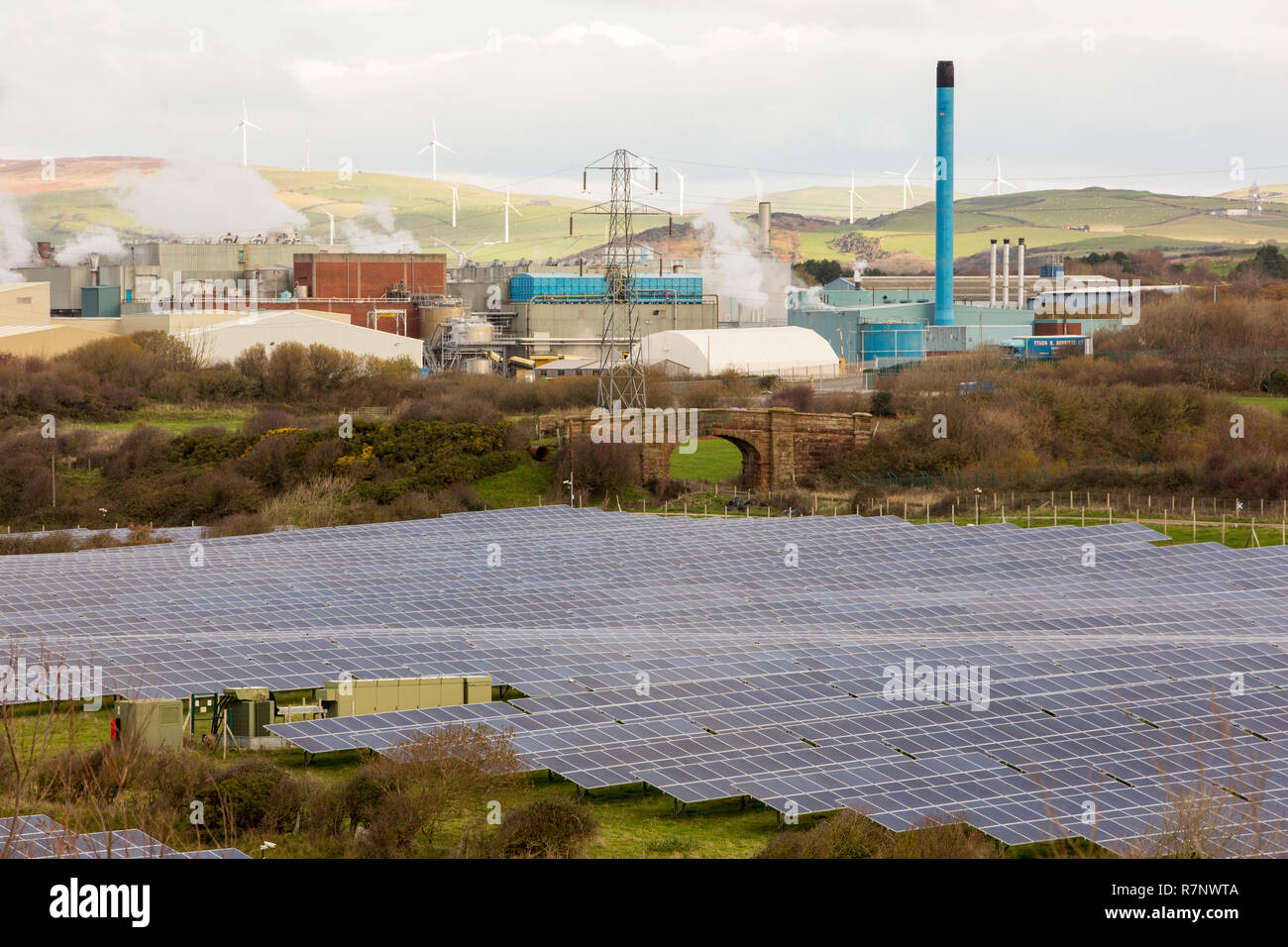 A solar farm on the outskirts of Barrow in Furness, Cumbria, UK, with ...