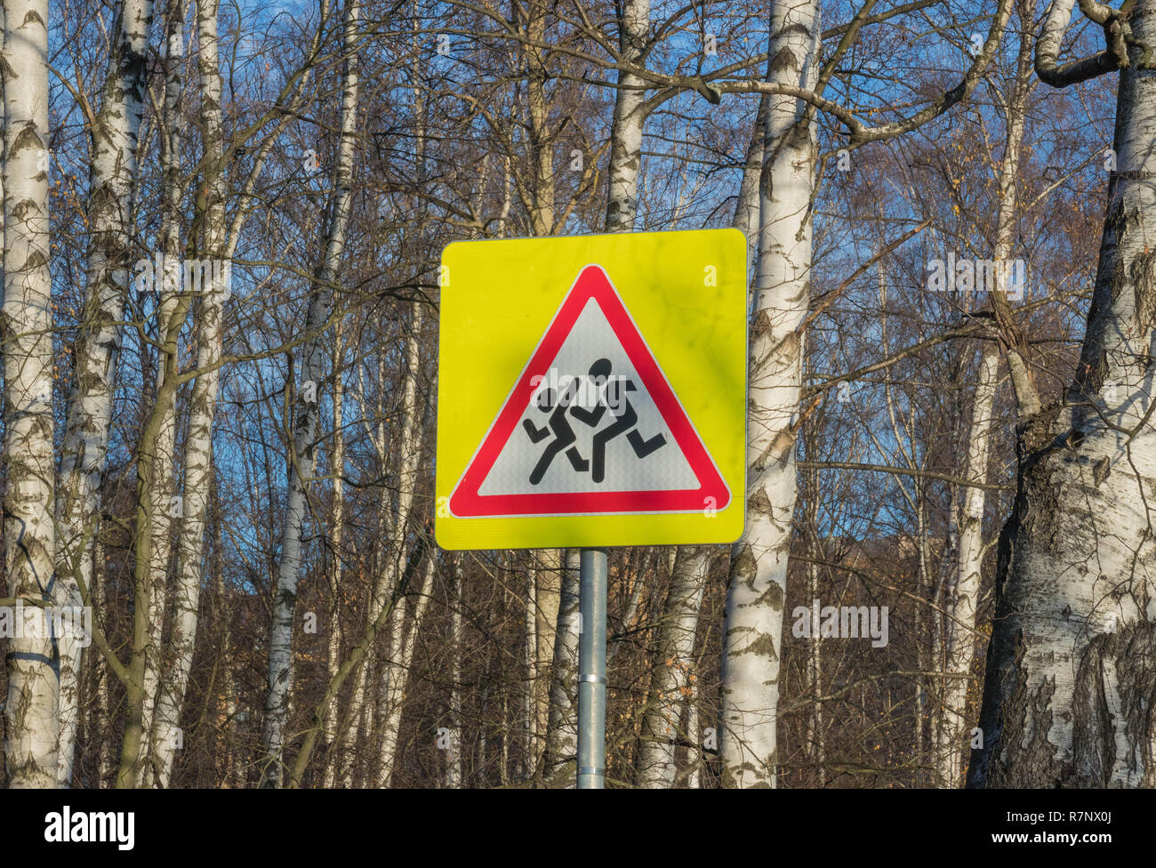 Yellow school road sign, Russia. carefully children Stock Photo - Alamy