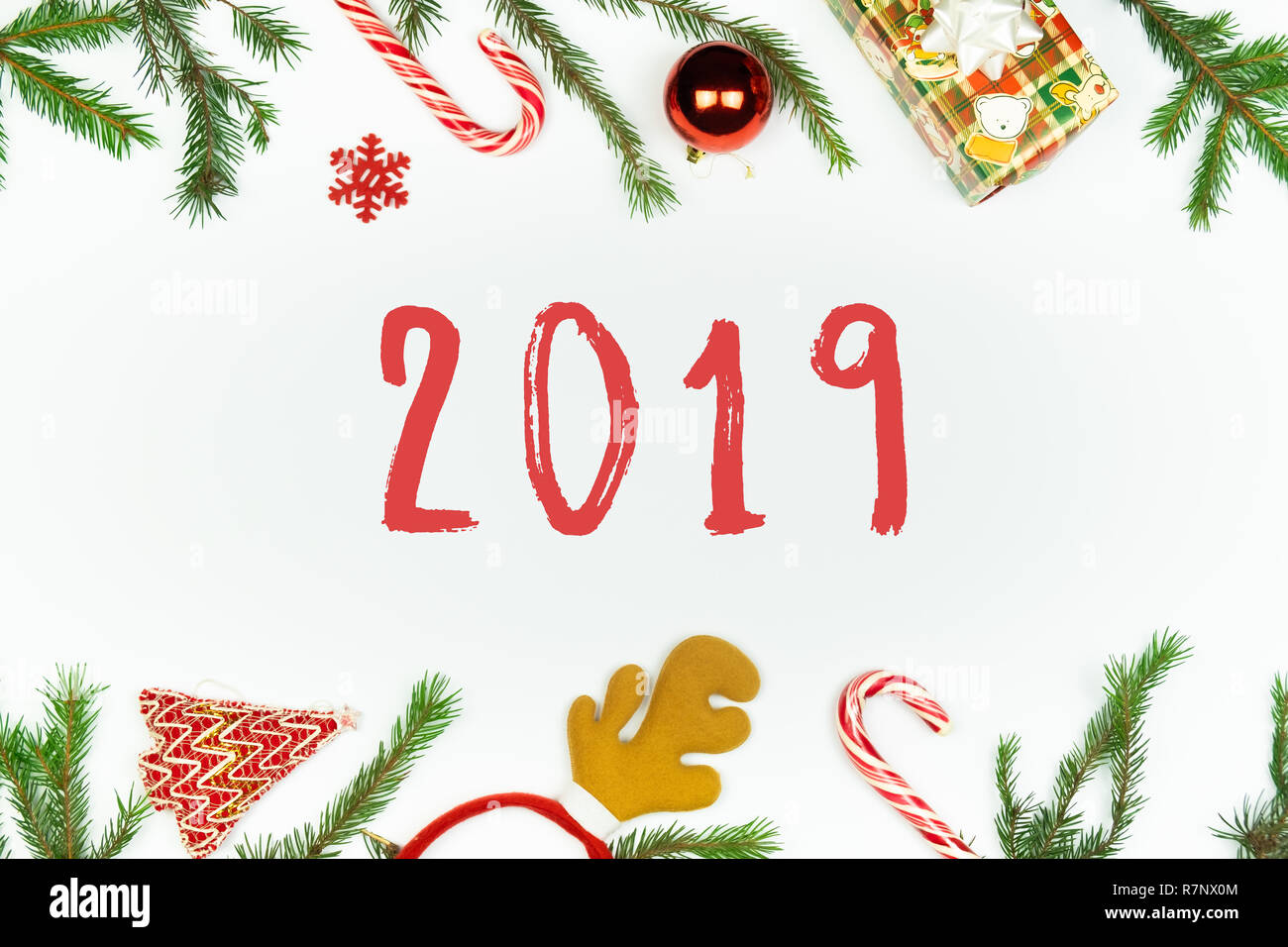 New year flat lay, poster or postcard format. Top view of "2019 ...
