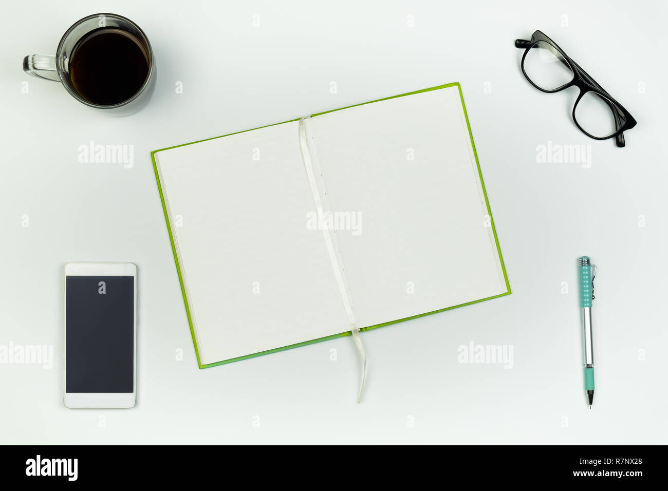 Flat lay of notepad with empty pages. Top view of open copy book on ...