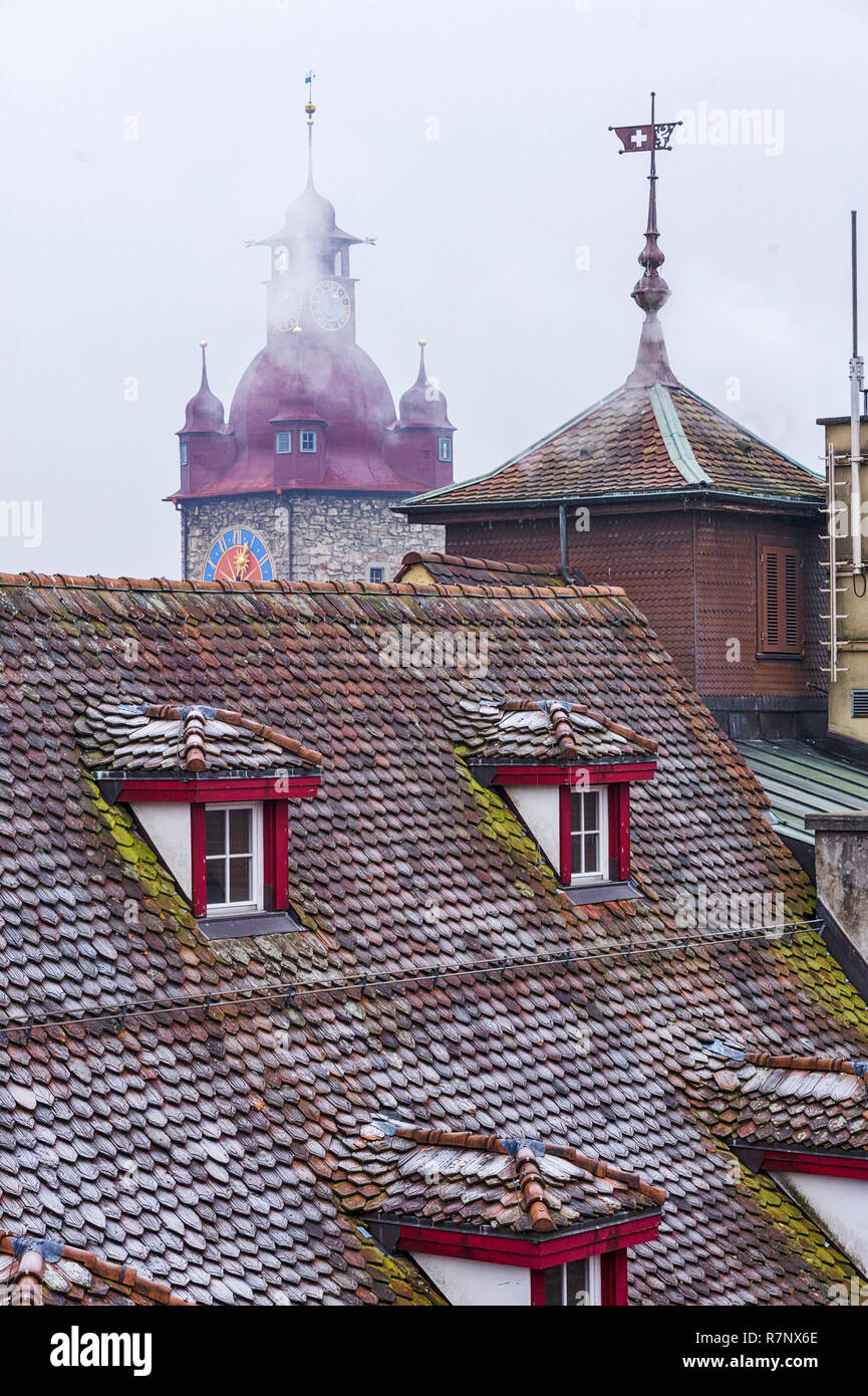 the roofs and the tower of the city hall, the Zyt Tower Clock in ...