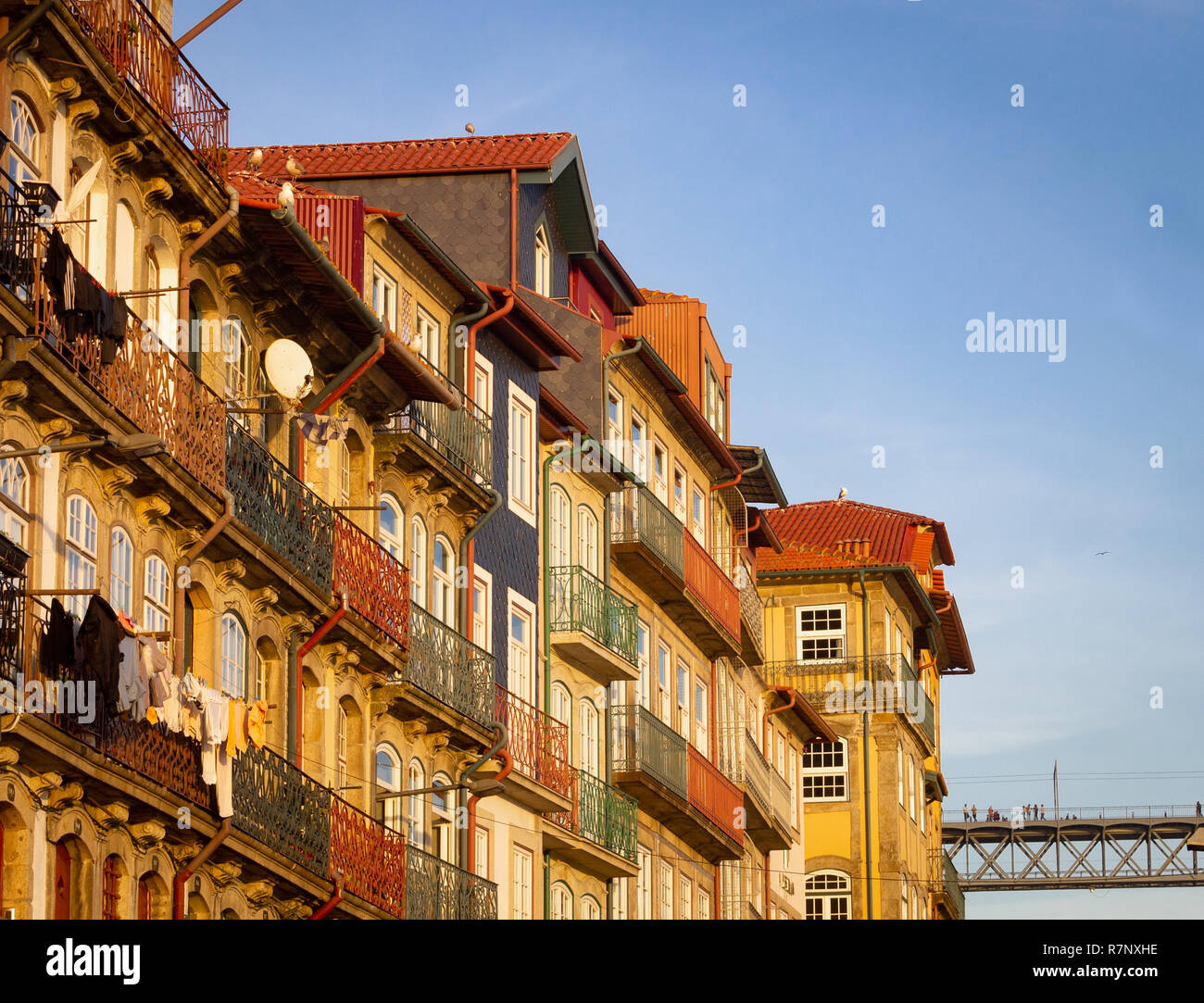 Side view of the ceramic tiled house facades in Ribeira, Porto ...