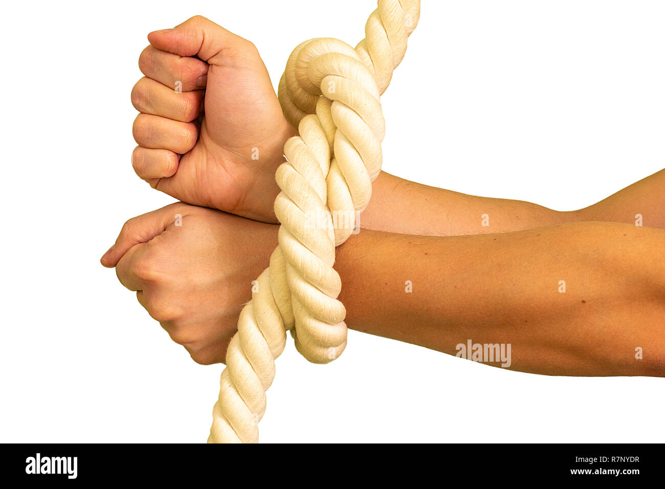 Men's hands are tied in ropes and clenched in their fists. Isolated on ...