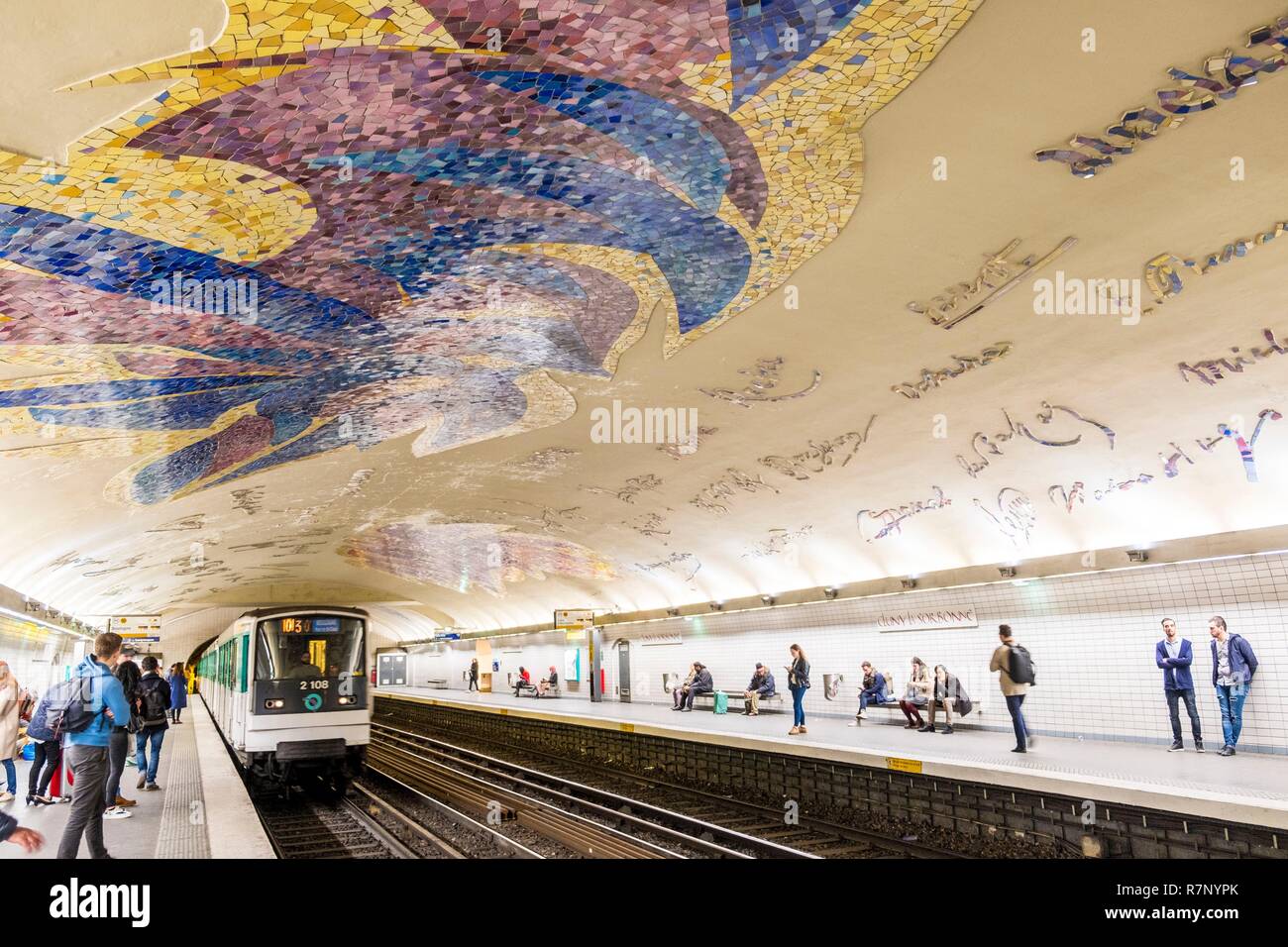 France, Paris, Cluny Sorbonne metro station, Jean Bazaine mosaics with ...