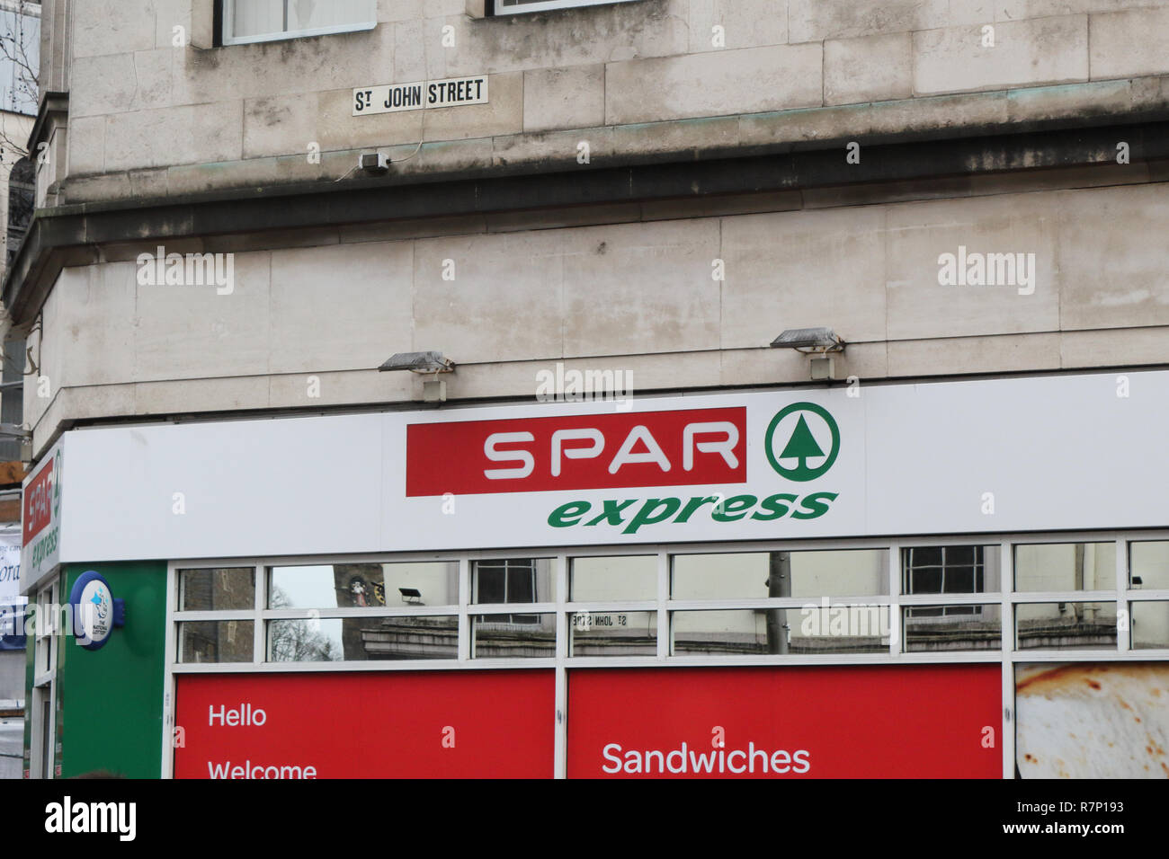 The Spar Express supermarket sign in Saint John's Street in Cardiff ...
