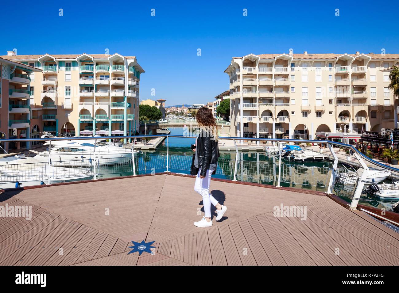 France, Var, Frejus, Port Frejus, the canal and the old town in the ...