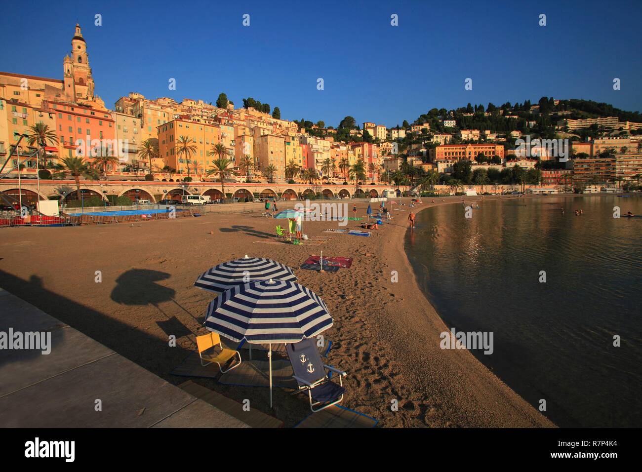 France, Alpes Maritimes, Menton, La Plage des Sablettes and on the left ...