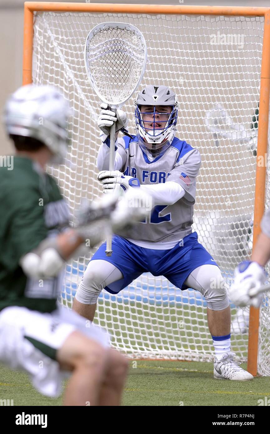 Paxton Boyer, a freshman goalie, readies for a shot as the U.S. Air ...
