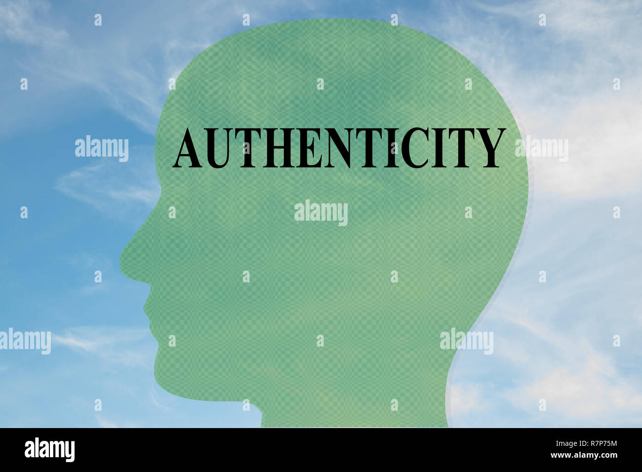 Render illustration of AUTHENTICITY title on head silhouette, with ...