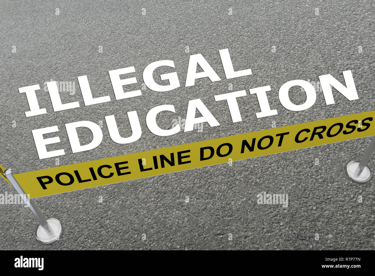 3D illustration of ILLEGAL EDUCATION title on the ground in a police ...