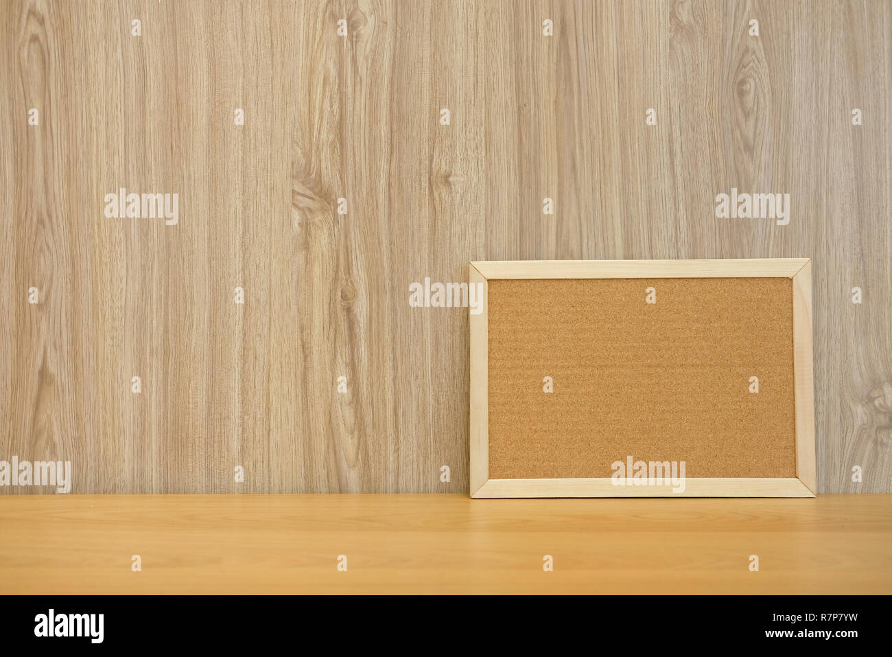 blank cork board on wooden desk. empty bulletin corkboard Stock Photo ...