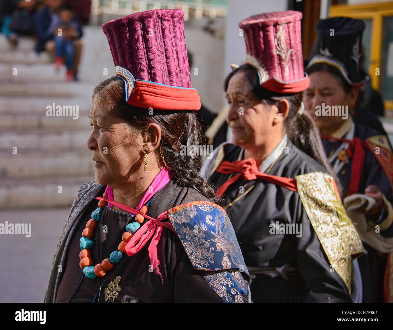 Ladakhi women in traditional dress at a Tara prayer gathering, Leh ...