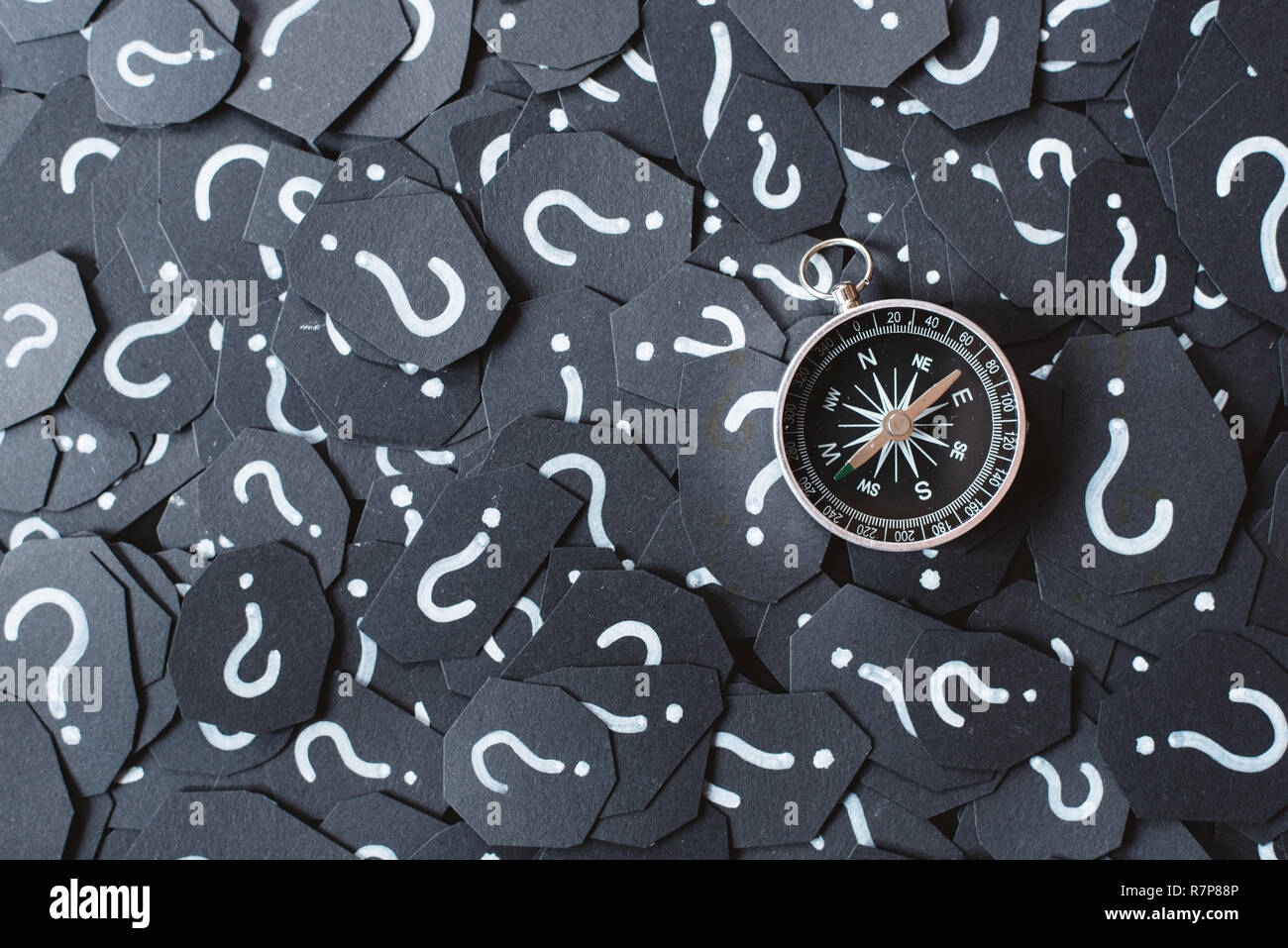 Metal compass on question mark background. Concept of travel ...