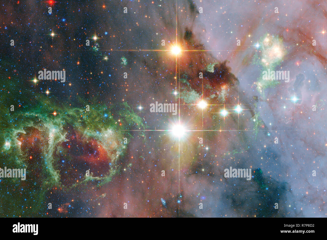 Universe scene with bright stars and galaxies in deep space showing the ...