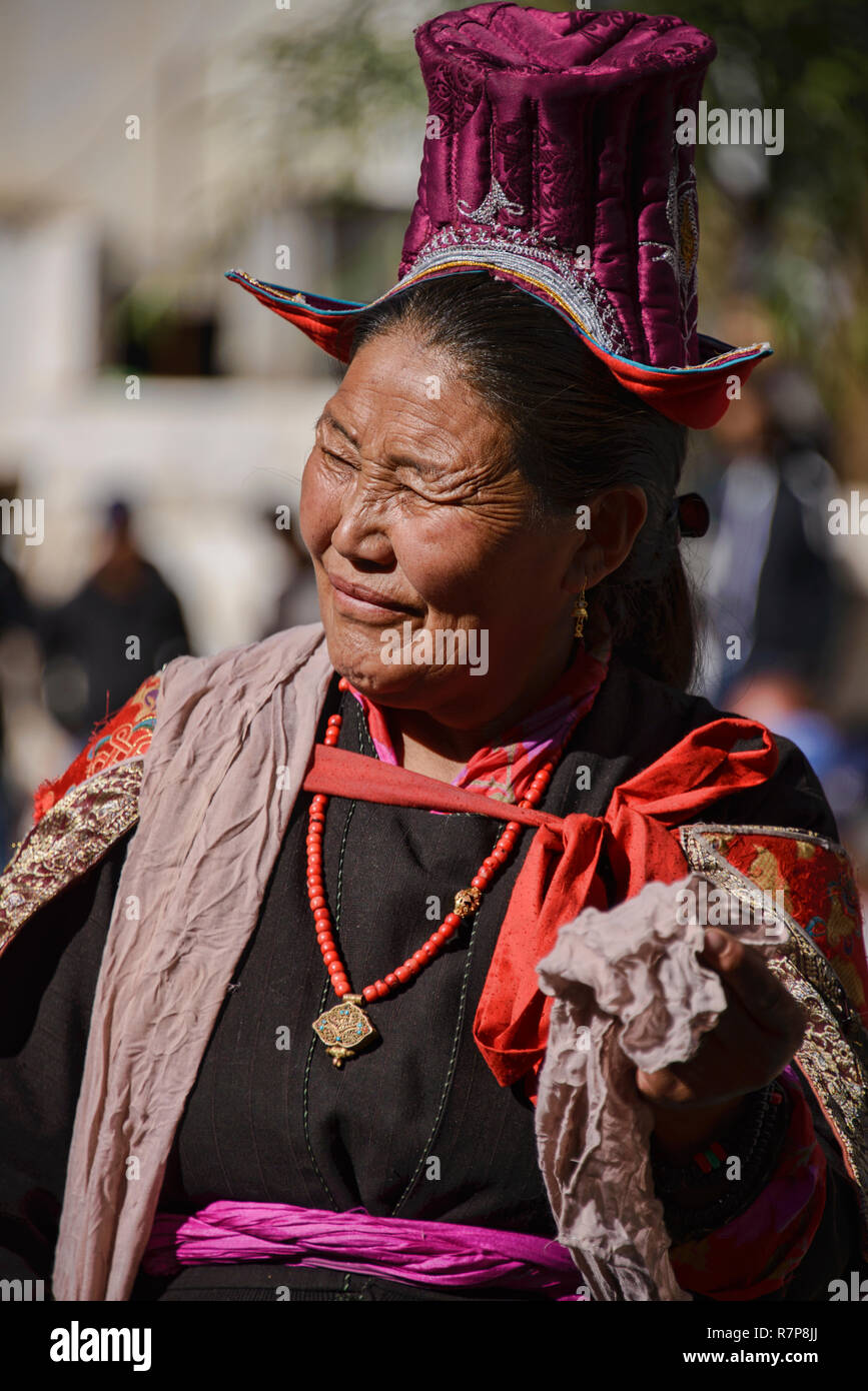Ladakhi woman in traditional dress at a Tara prayer gathering, Leh ...