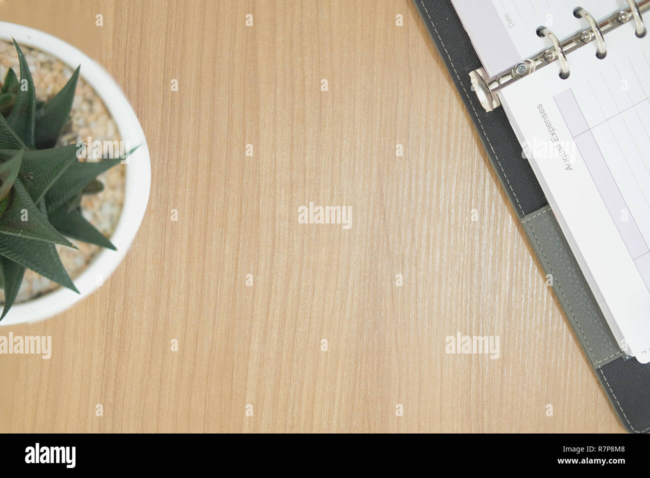 notebook on wooden desk table. office workplace workspace top view ...