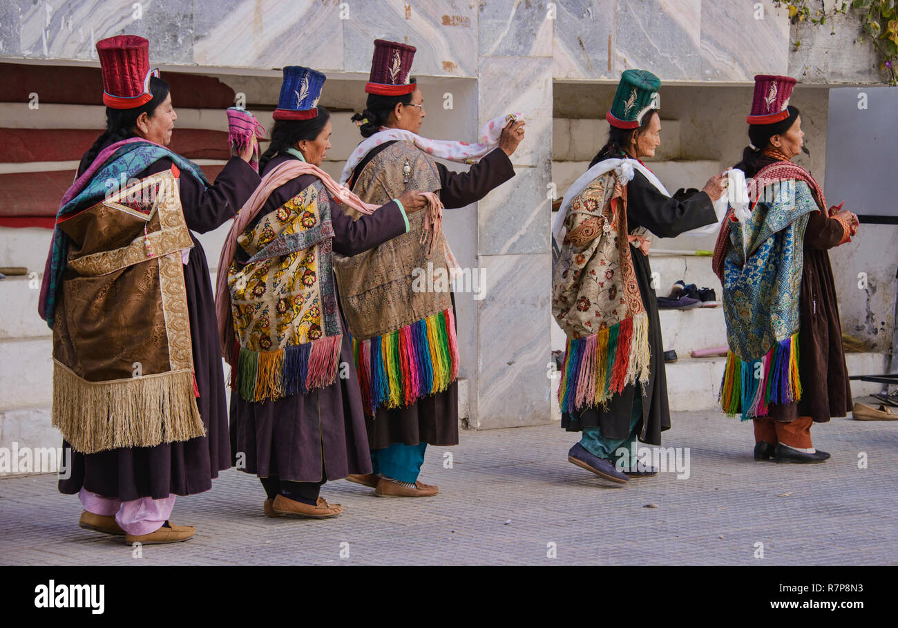 Ladakhi women in traditional dress at a Tara prayer gathering, Leh ...