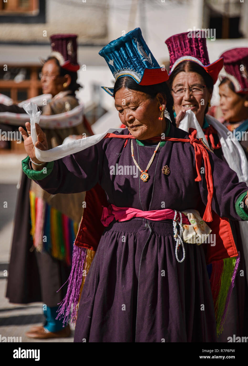 Ladakhi women in traditional dress at a Tara prayer gathering, Leh ...
