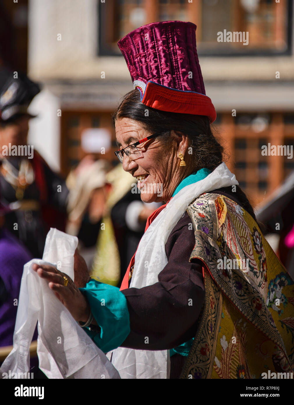 Ladakhi woman in traditional dress at a Tara prayer gathering, Leh ...