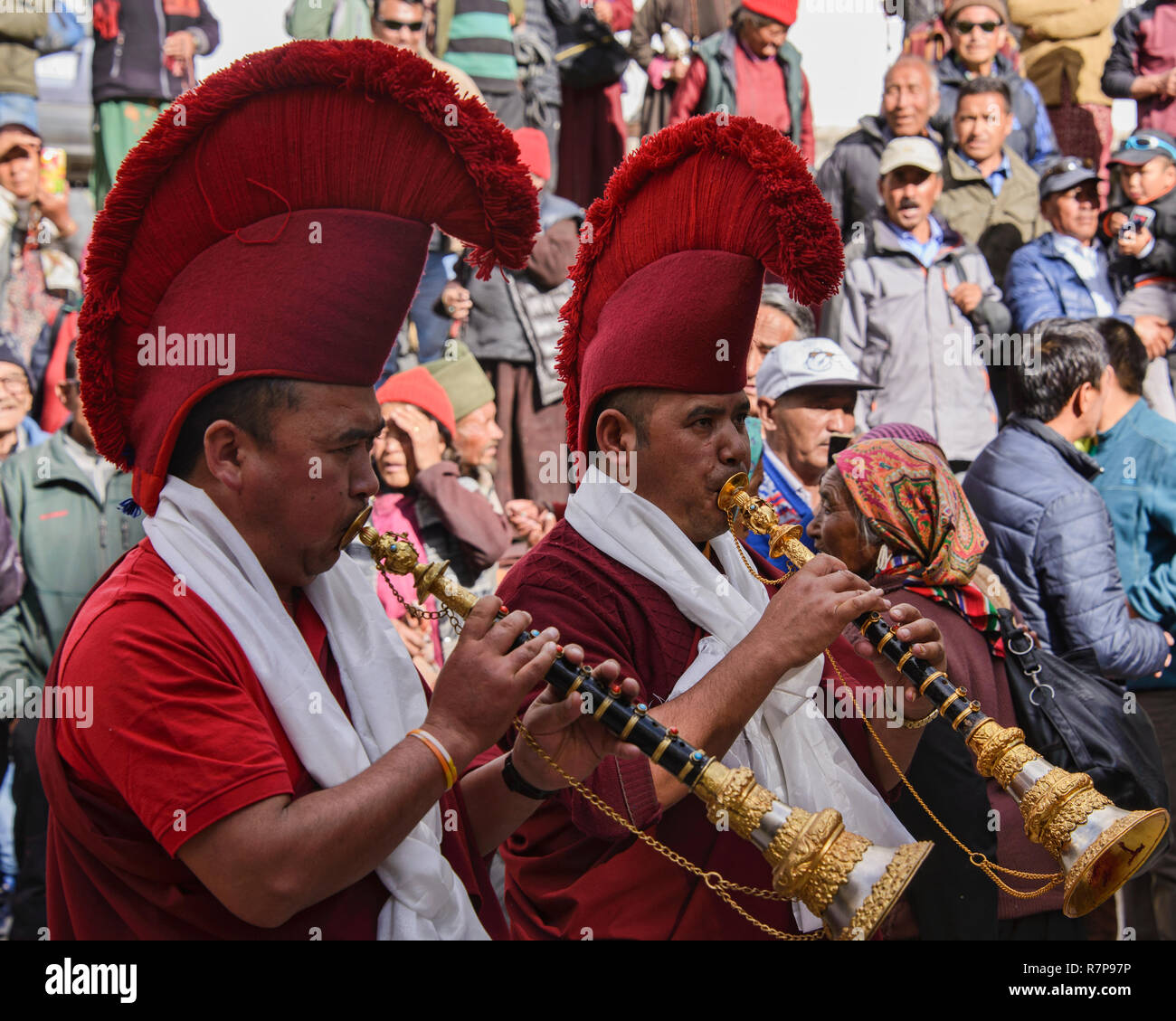 Red hat monks at a traditional Tara prayer ritual, Leh, Ladakh, India ...