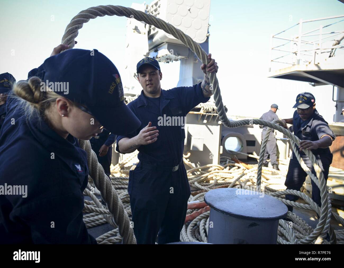 MAYPORT, Fla. (March 20, 2017) – Sailors fake down a mooring line on ...