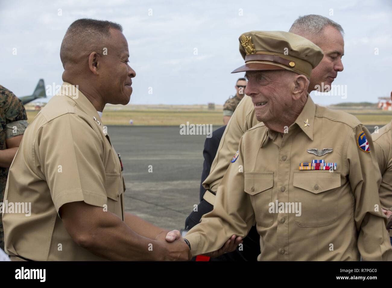 Major General Craig Q. Timberlake (left) greets Iwo Jima veteran, Capt ...
