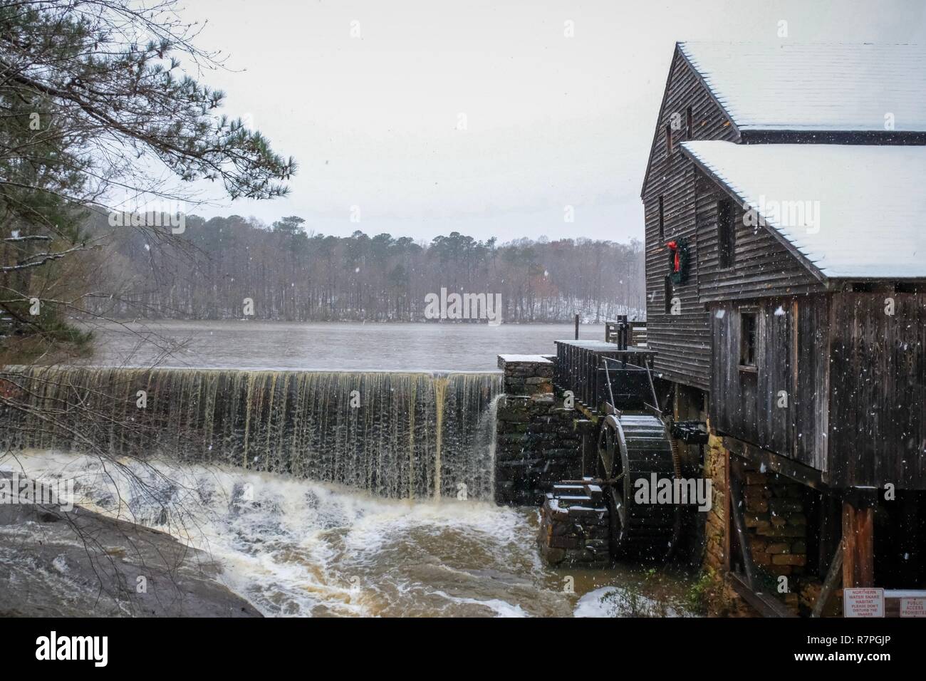 A festive view of the old rustic water mill and waterfall as snow falls ...
